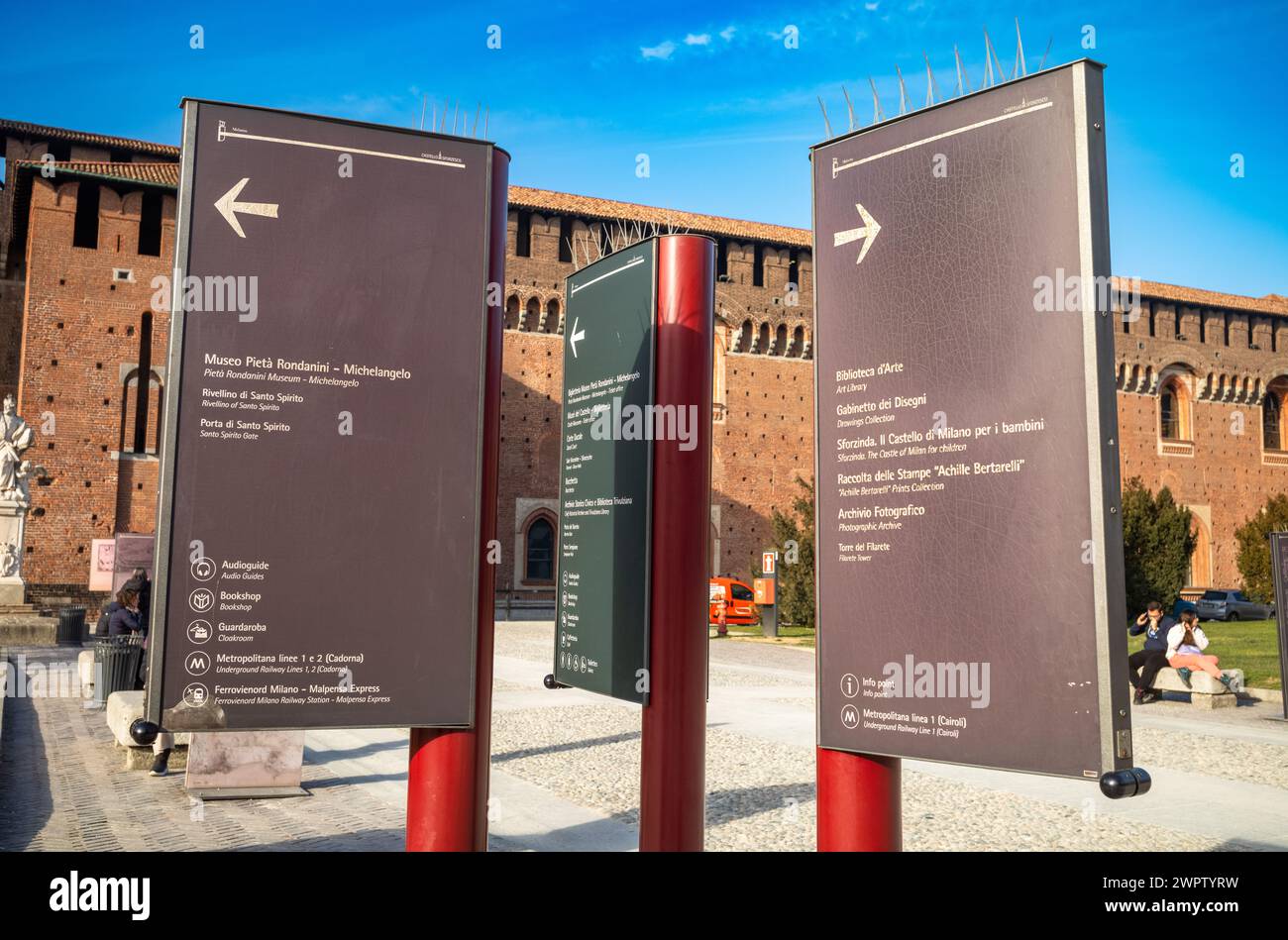 Information and direction signs inside Castello Sforzesco, or Milan ...