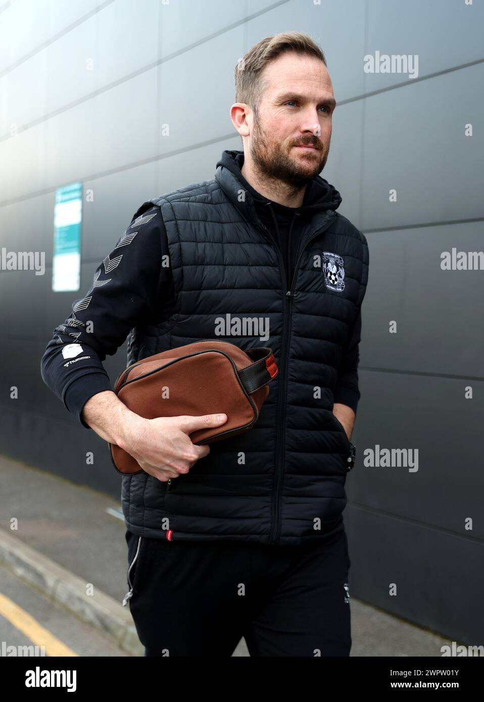 Coventry City goalkeeping coach Aled Williams arrives to the stadium ...