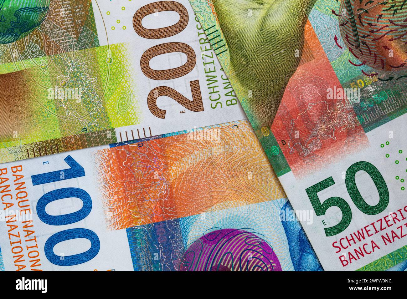 Closeup of 50, 100 and 200 Swiss franc banknotes for design purpose ...