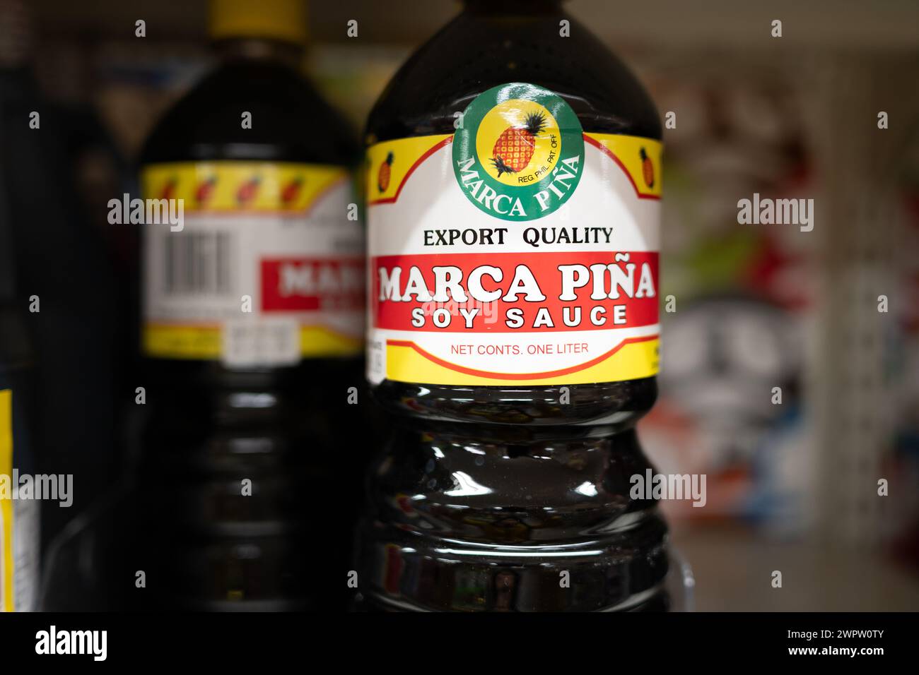 Marca Piña Soy sauce on a supermarket shelf - a product of the ...