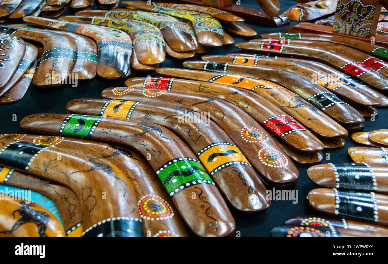 Melbourne, Australia, Feb 2018 - A display of Aboriginal boomerangs for ...