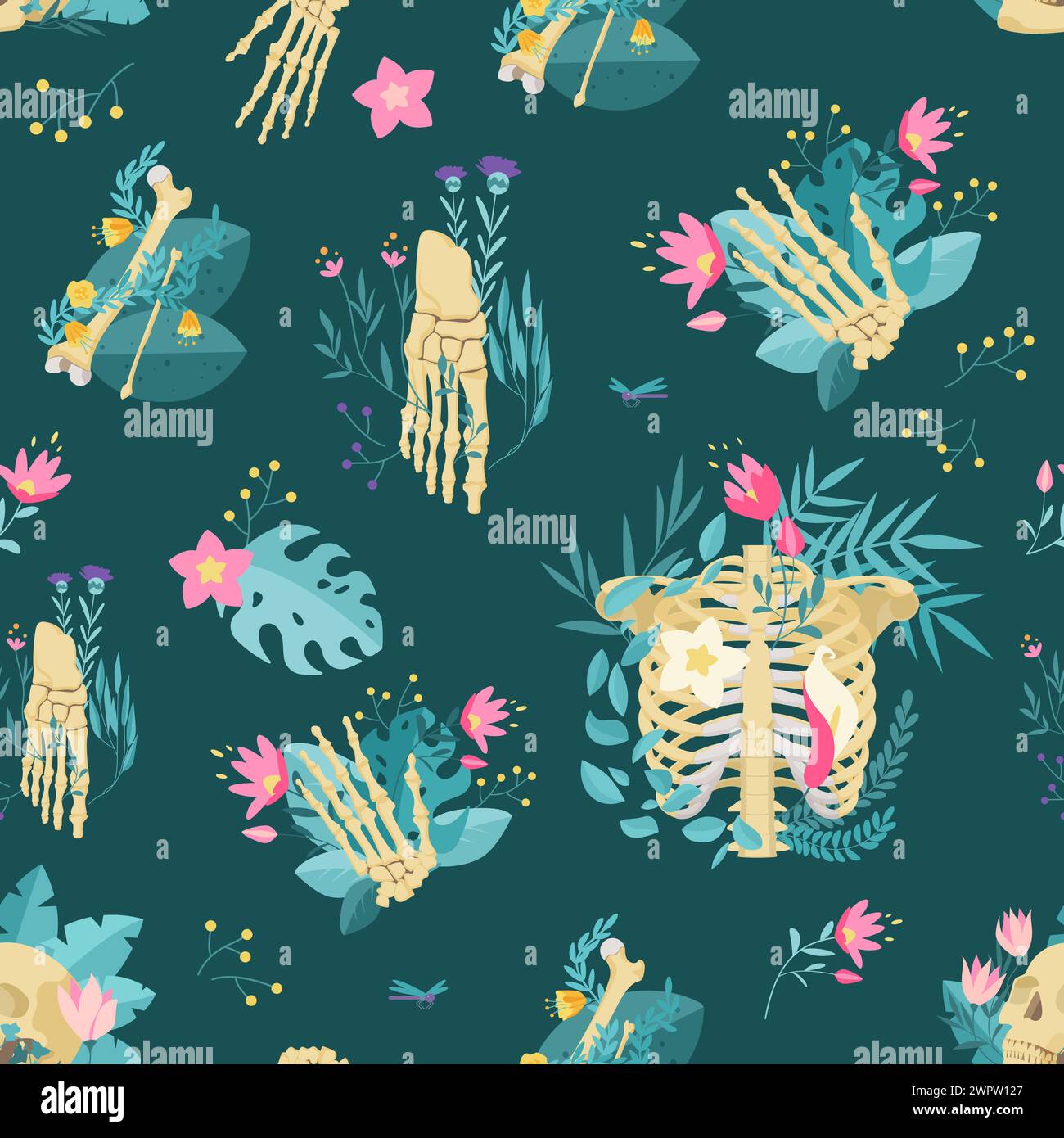Floral seamless pattern skull, beautiful roses and pelvic bones, hand ...