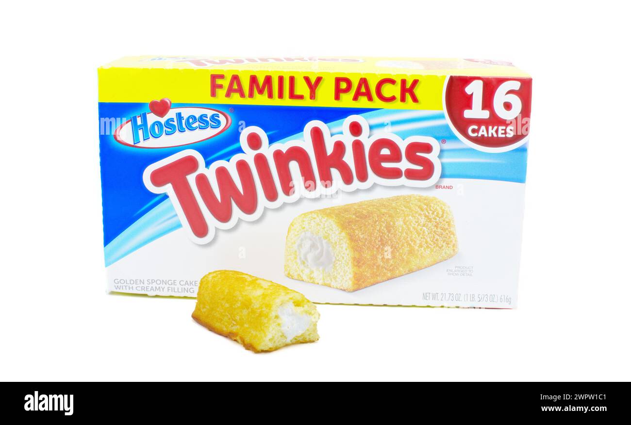 Ocala, FL 3-8-2024 Twinkies golden Sponge cake with cream icing filling ...