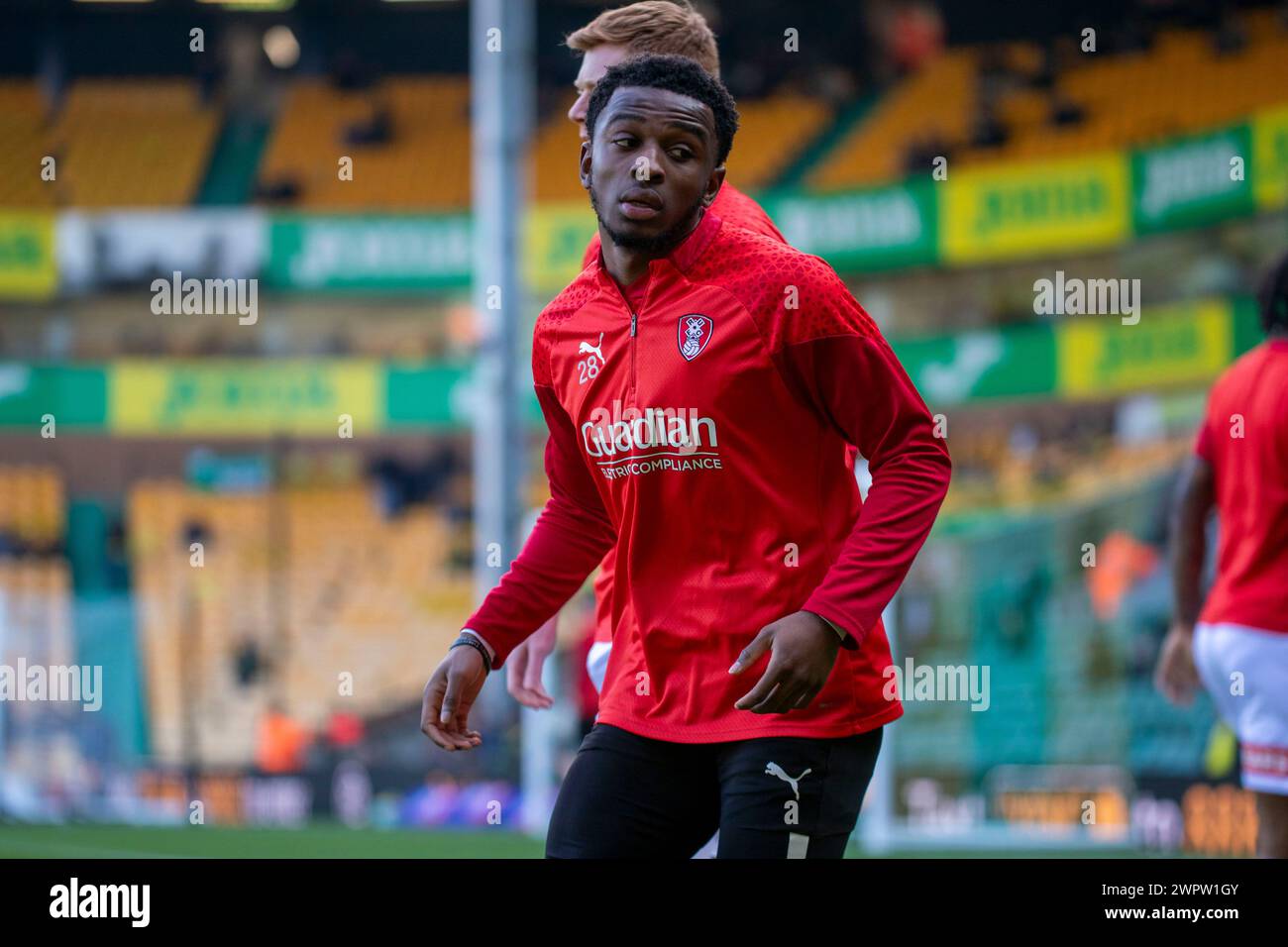 Sebastian Revan of Rotherham United is seen warming up before the Sky ...