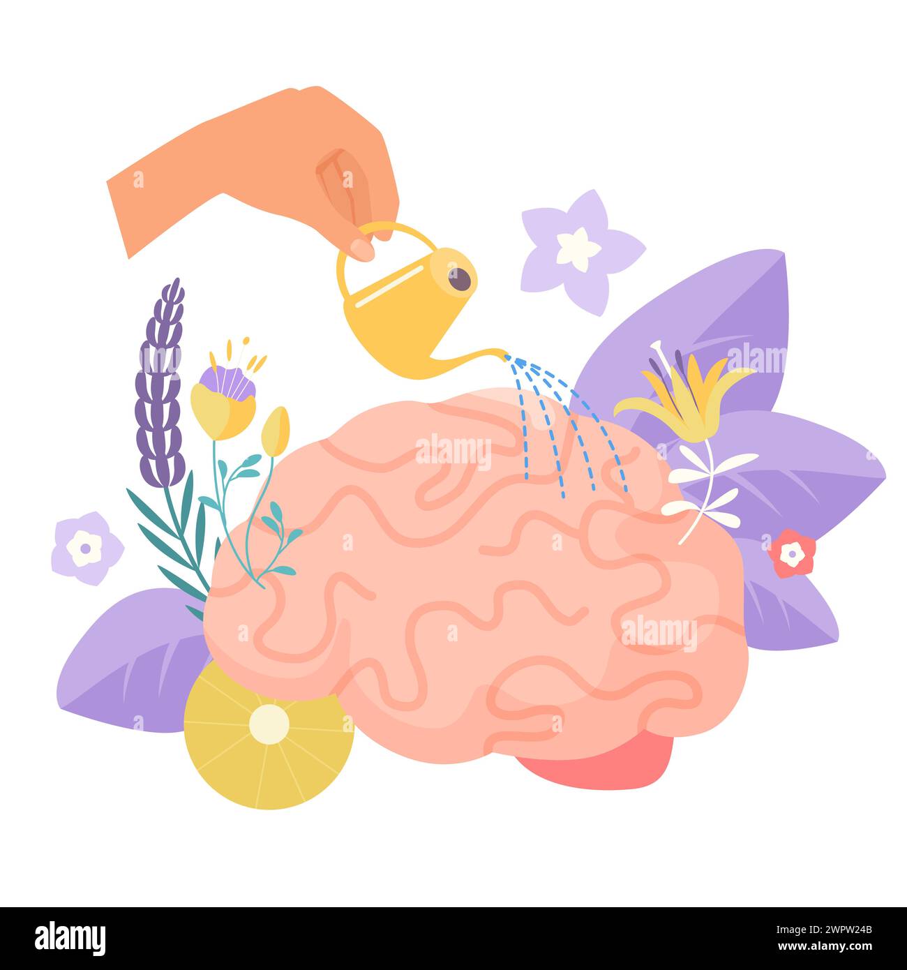 Self development and personal growth, mental health therapy in psychology. Hand watering human ...