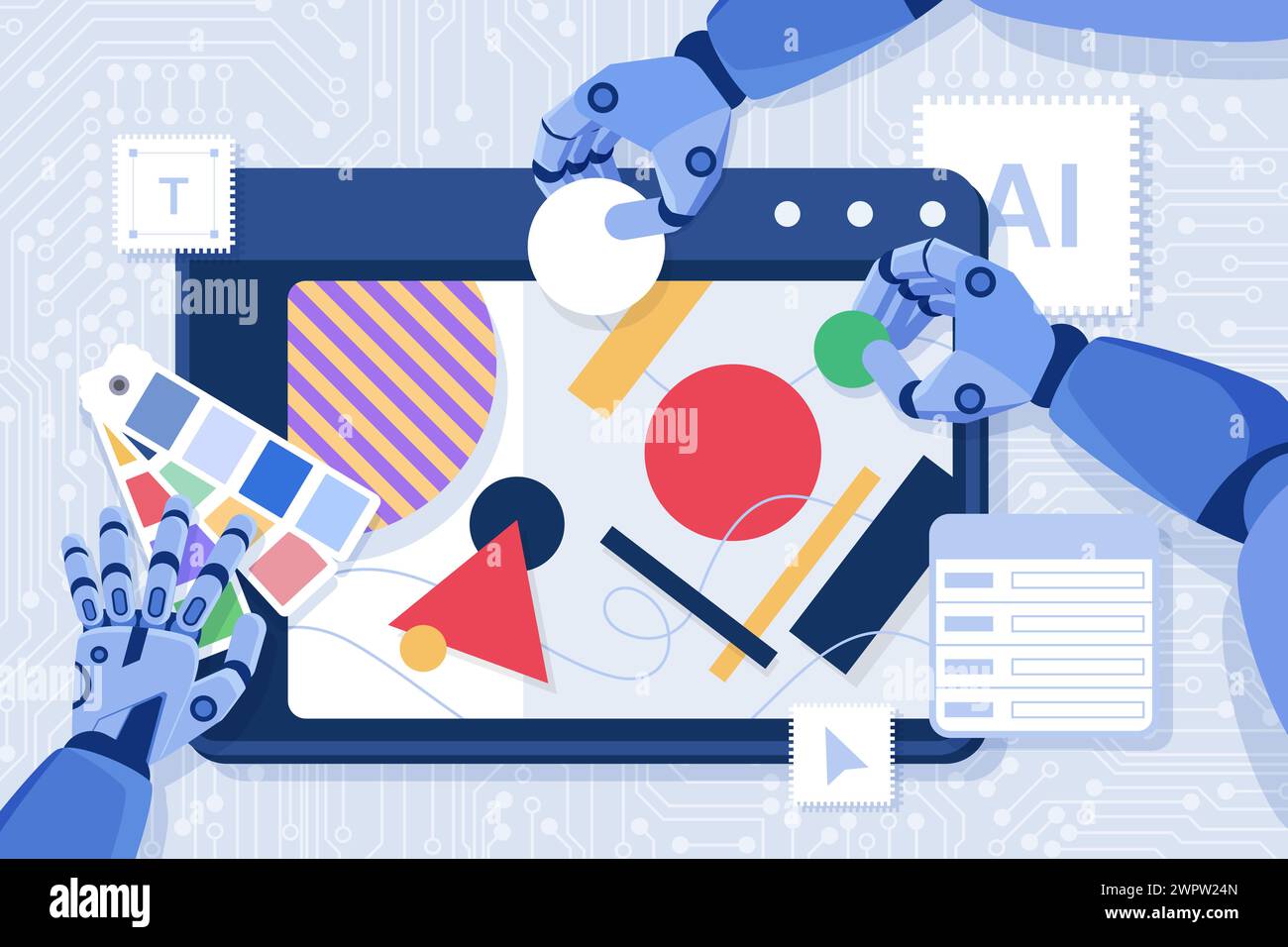 Creation of visual content with AI, automation of art production. Robot ...