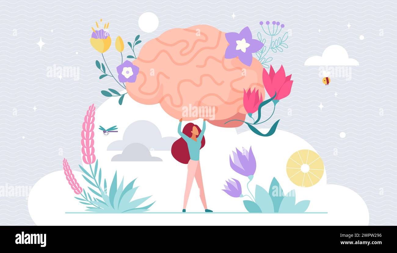 Mental health, positive mindset, relax and selfcare. Tiny girl holding ...