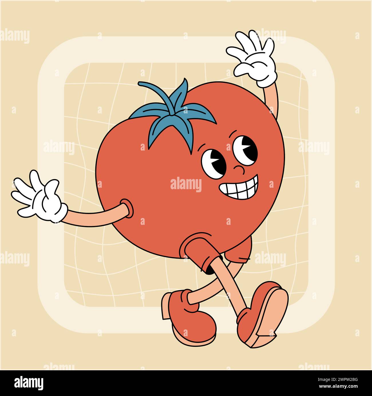Vintage groovy tomato character. Fruits and vegetables retro comic ...