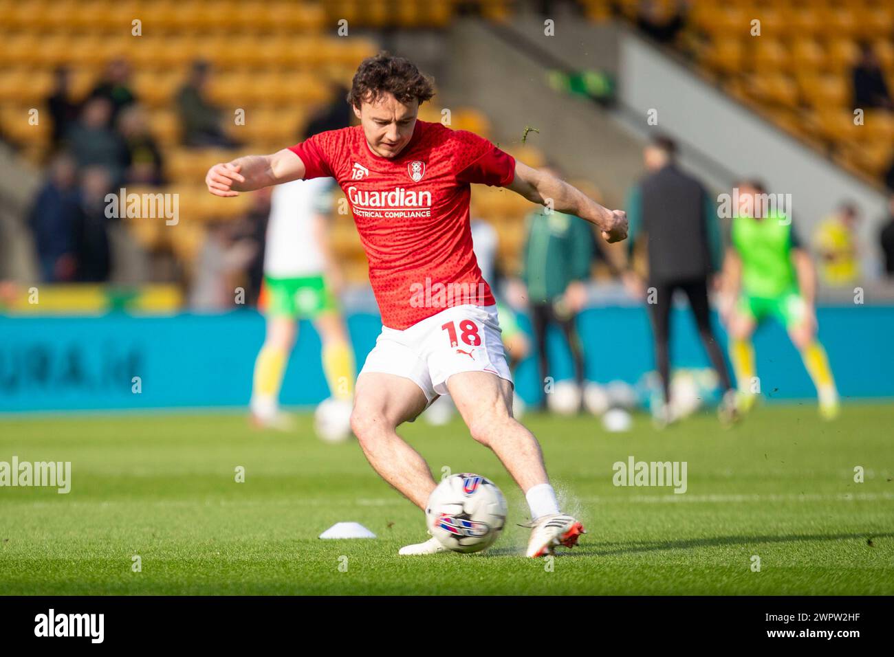 Ollie Rathbone of Rotherham United is seen warming up before the Sky ...