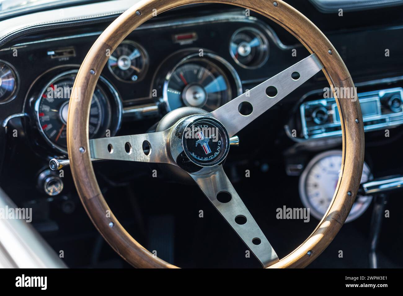 LINTHE, GERMANY - MAY 27, 2023: The interior of muscle car Ford Mustang ...