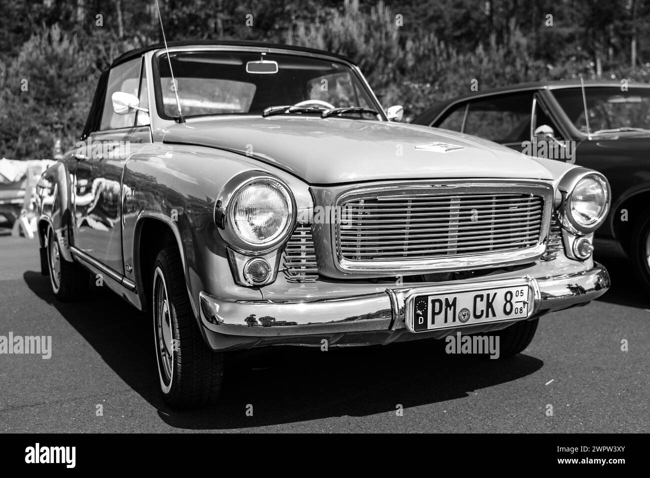 LINTHE, GERMANY - MAY 27, 2023: The subcompact car Wartburg 312-300HT, 1966. Black and white ...