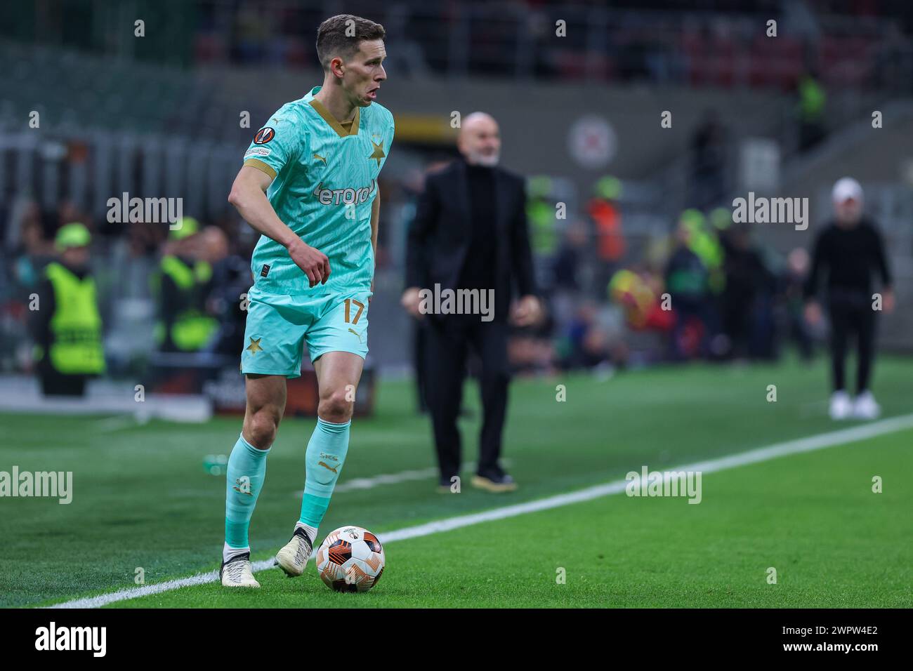 Lukas Provod of SK Slavia Praha seen in action during Round of 16 . Leg ...