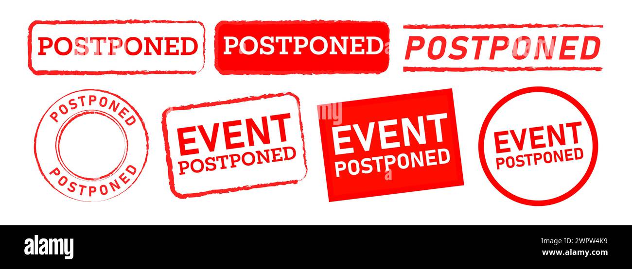 postponed square and circle red stamp label sticker sign event delay canceled rescheduled Stock ...