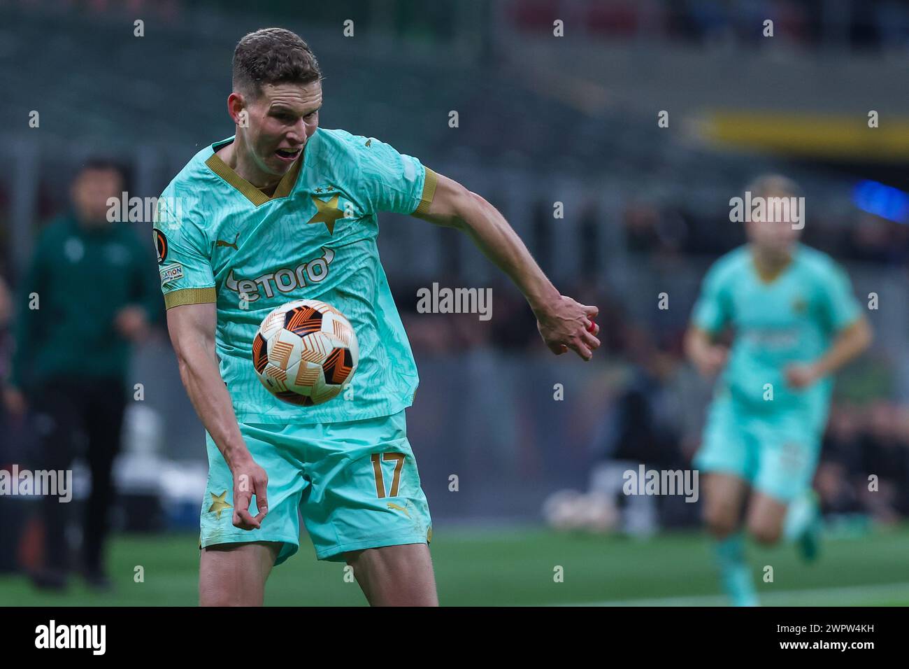 Lukas Provod of SK Slavia Praha seen in action during Round of 16 . Leg ...