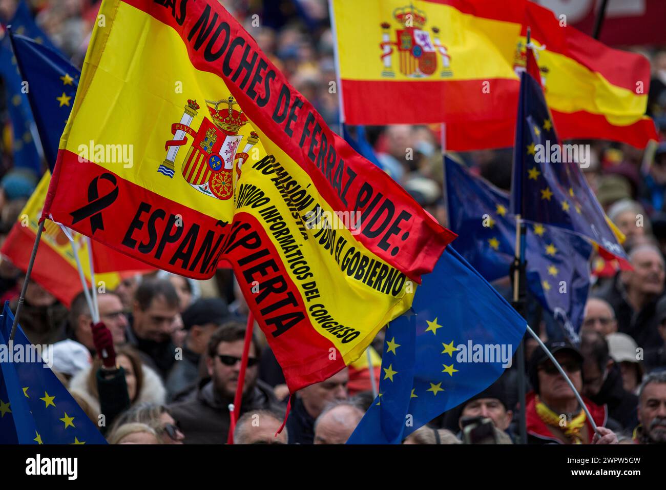Madrid, Spain. 09th Mar, 2024. Protesters hold Spanish flags during a ...