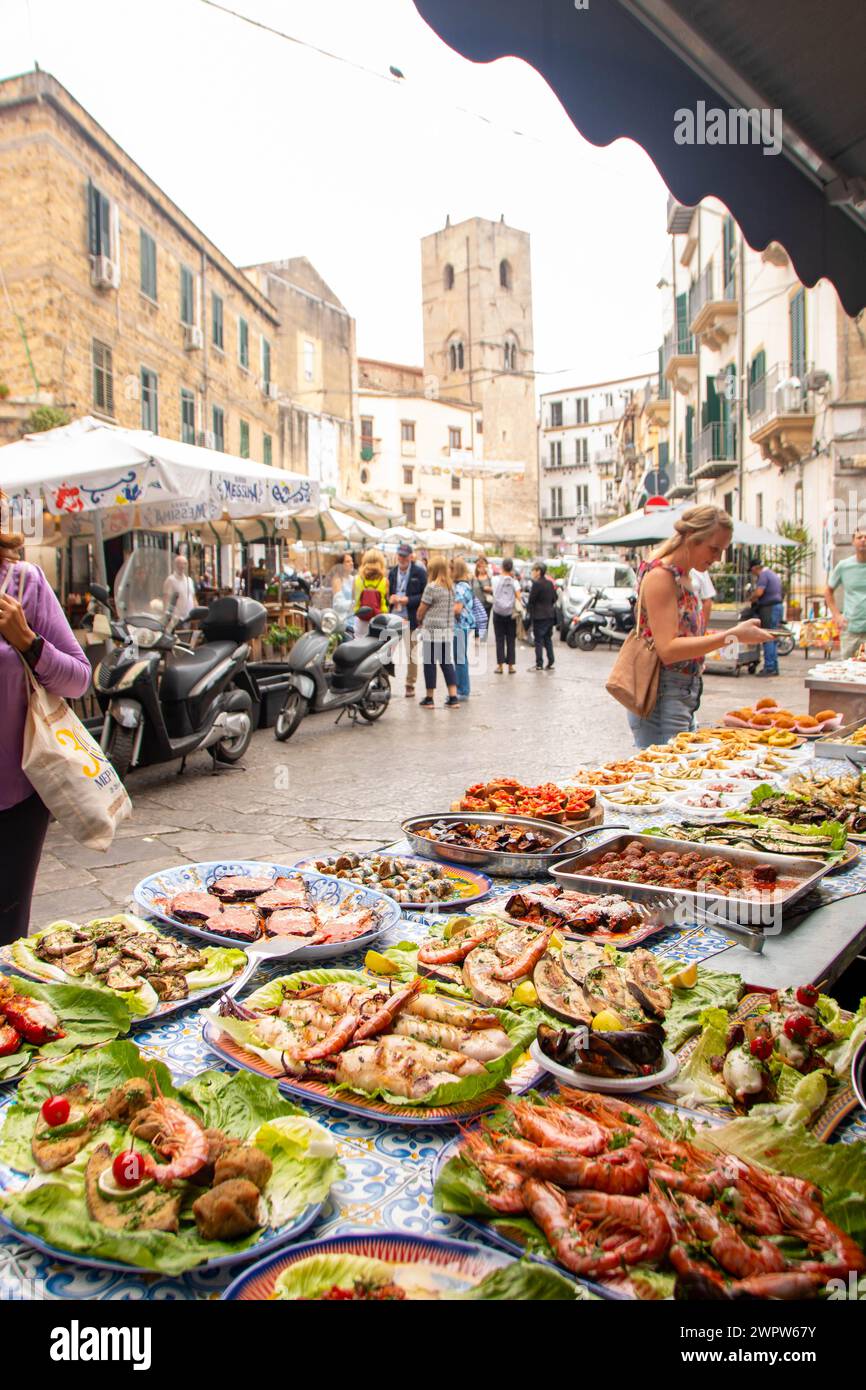 At Palermo, Italy, On october 2023, street food vendor at Ballaro ...