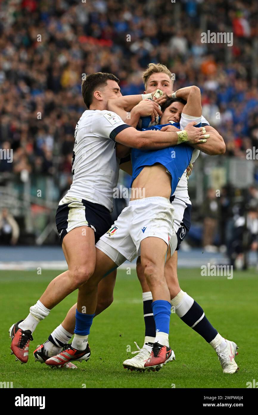 Rome, Italia. 09th Mar, 2024. Cameron Redpath of Scotland, Ange Capuozzo of Italy and Duhan van ...