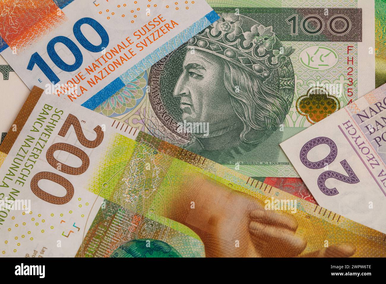 Closeup of 50, 100 and 200 Swiss franc banknotes and 100 polish zloty ...
