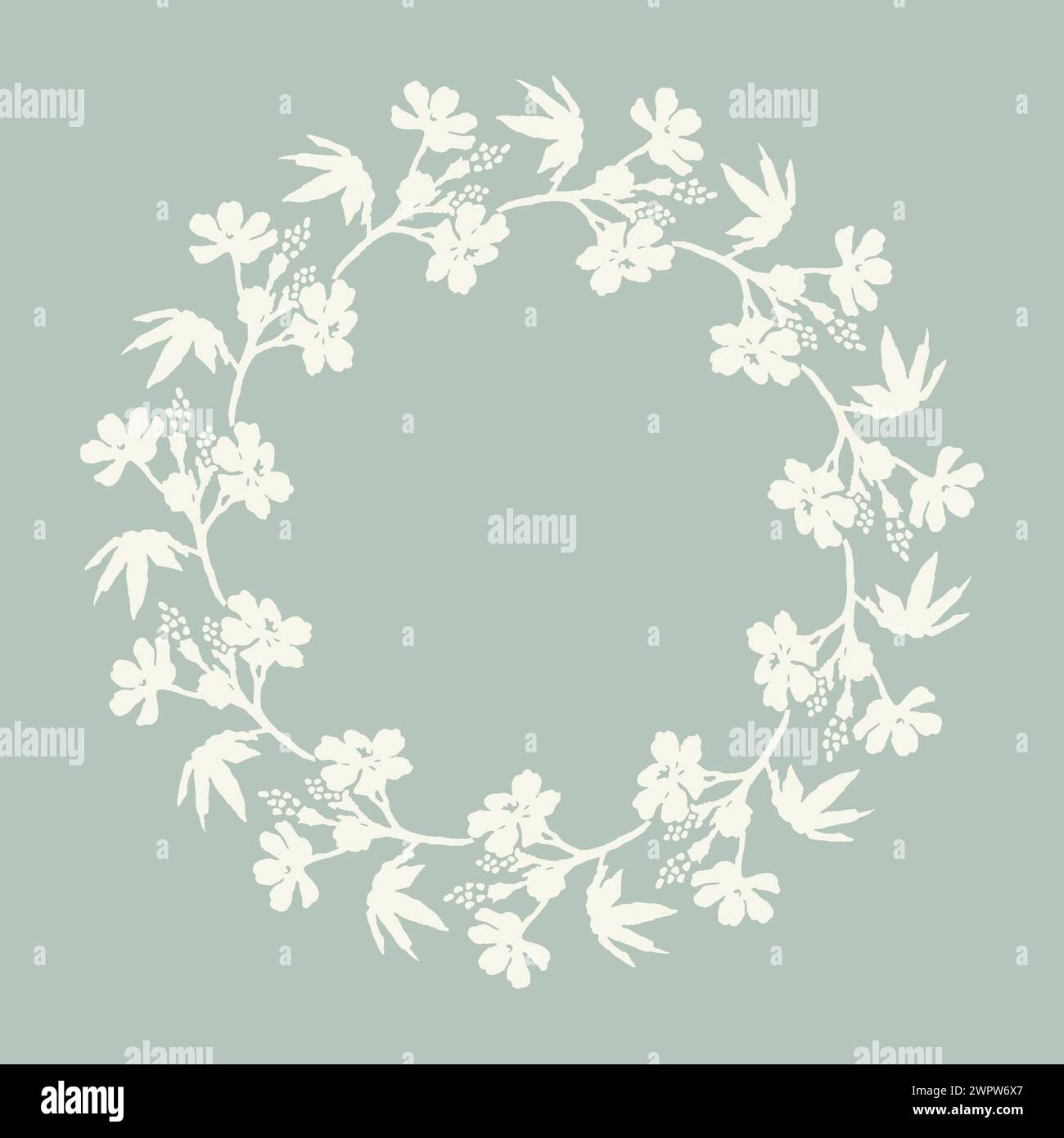 Handmade linocut organic pressed floral vector wreath in whimsical ...