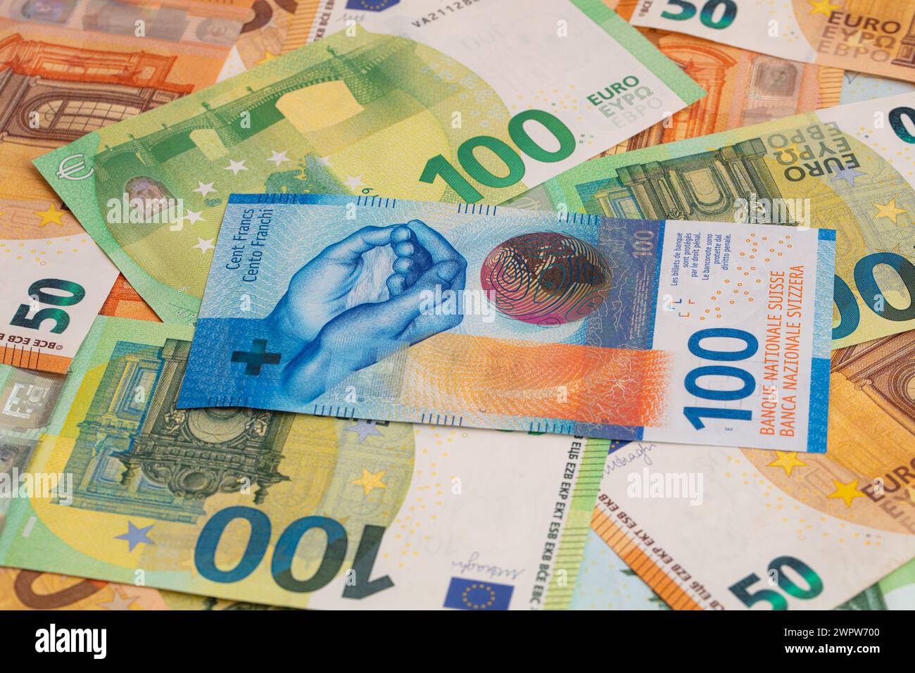 Closeup of 100 Swiss franc banknote and 100, 50 euro banknotes for ...
