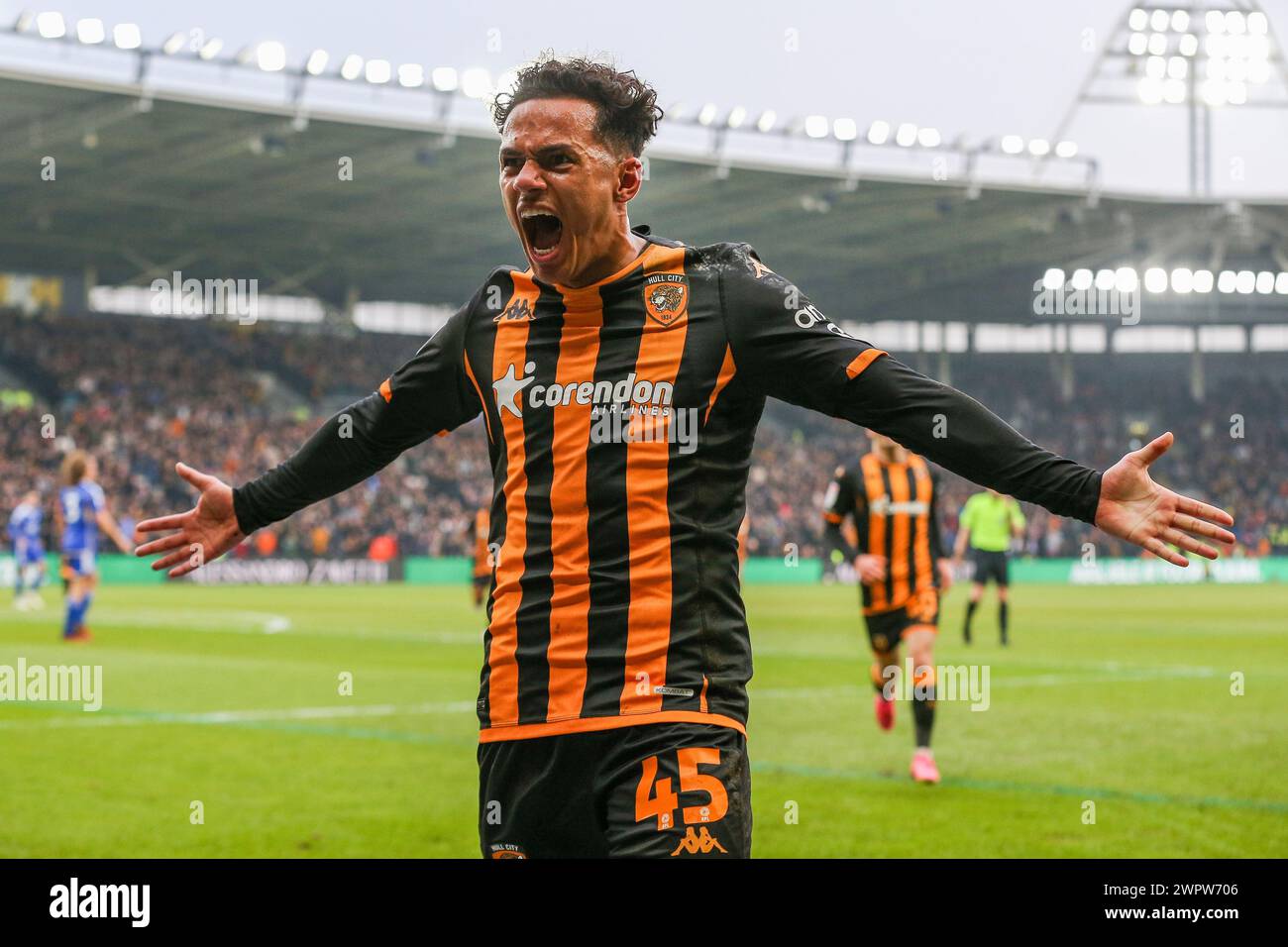 Hull City midfielder Fabio Carvalho (45) scores a GOAL 1-0 and ...