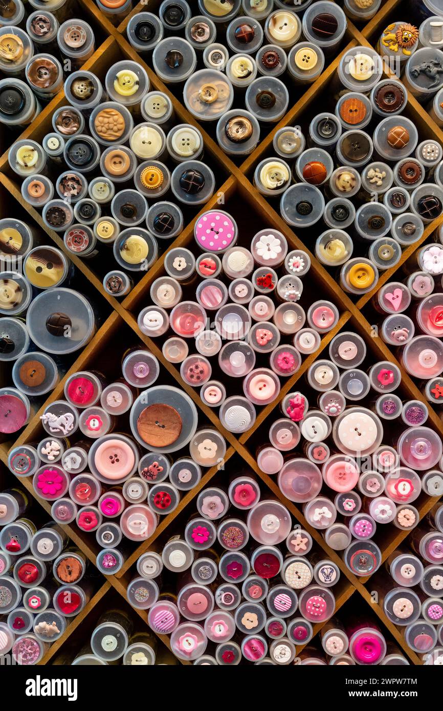 Cotton reel display in the Bath indoor market, Bath, Somerset, UK Stock ...