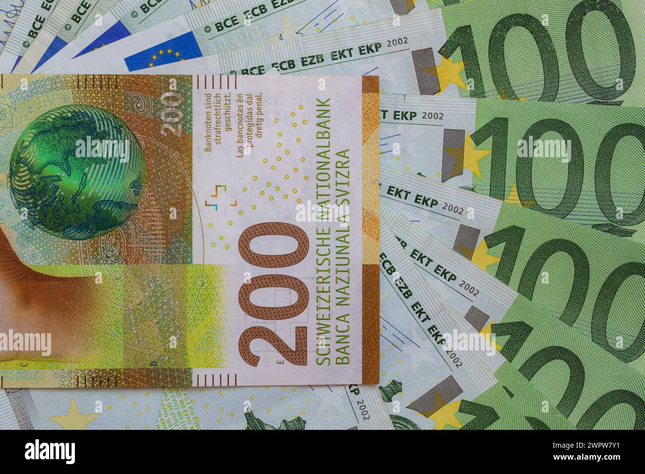 Closeup of 200 Swiss franc banknote and 100 euro banknotes for design ...