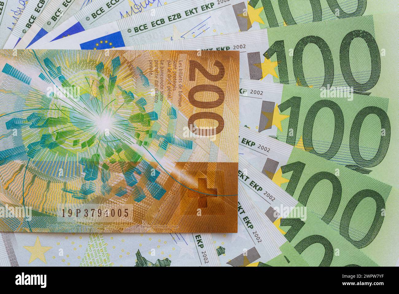 Closeup of 200 Swiss franc banknote and 100 euro banknotes for design ...