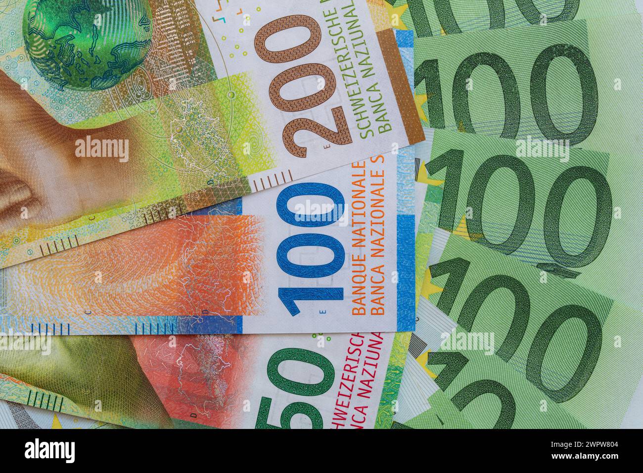 Closeup of 50, 100 and 200 Swiss franc banknotes and 100 euro banknotes ...