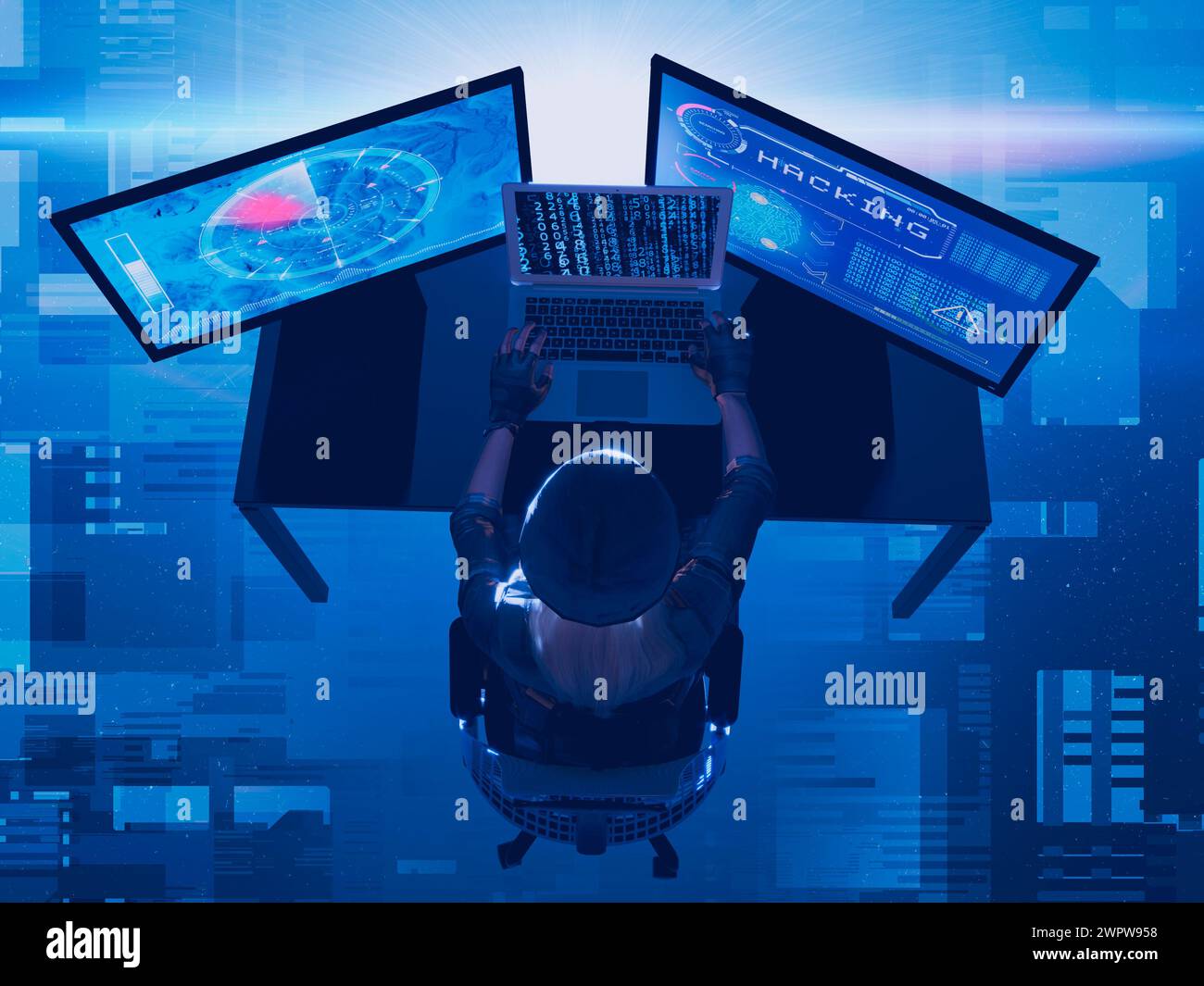 Hackers in action, computer security breach. Computer problems and ...