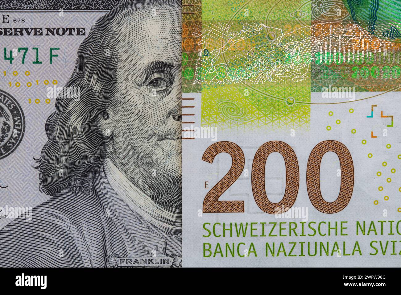 Closeup of 200 Swiss franc banknote and 100 dollar banknote for design ...