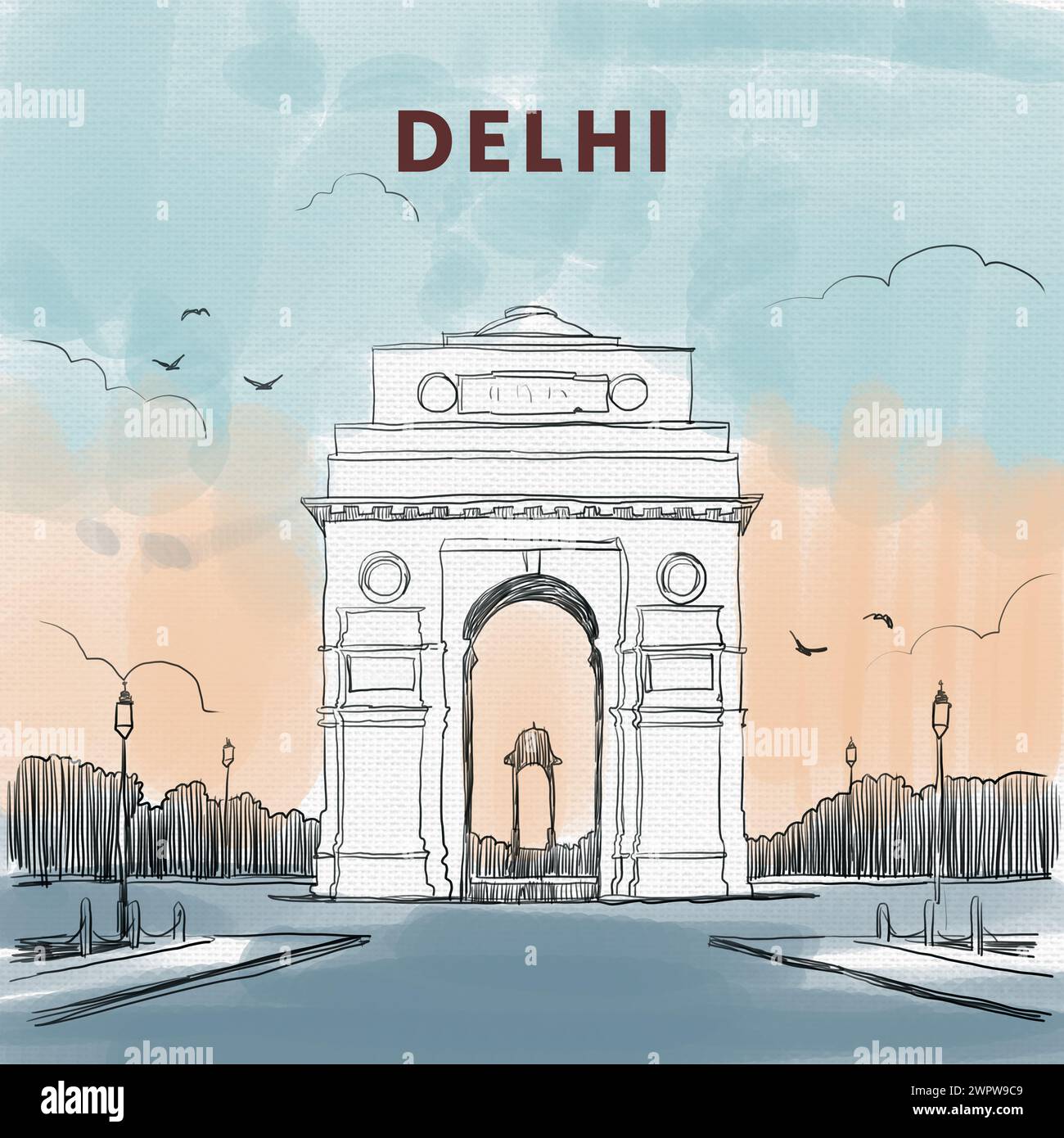 India Gate, New Delhi illustration Stock Photo - Alamy