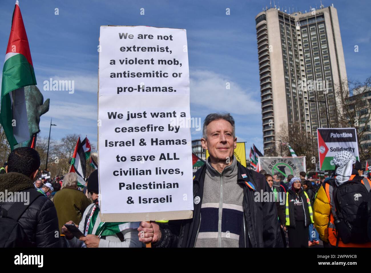London, UK. 9th March 2024. Activist Peter Tatchell joins the protest ...