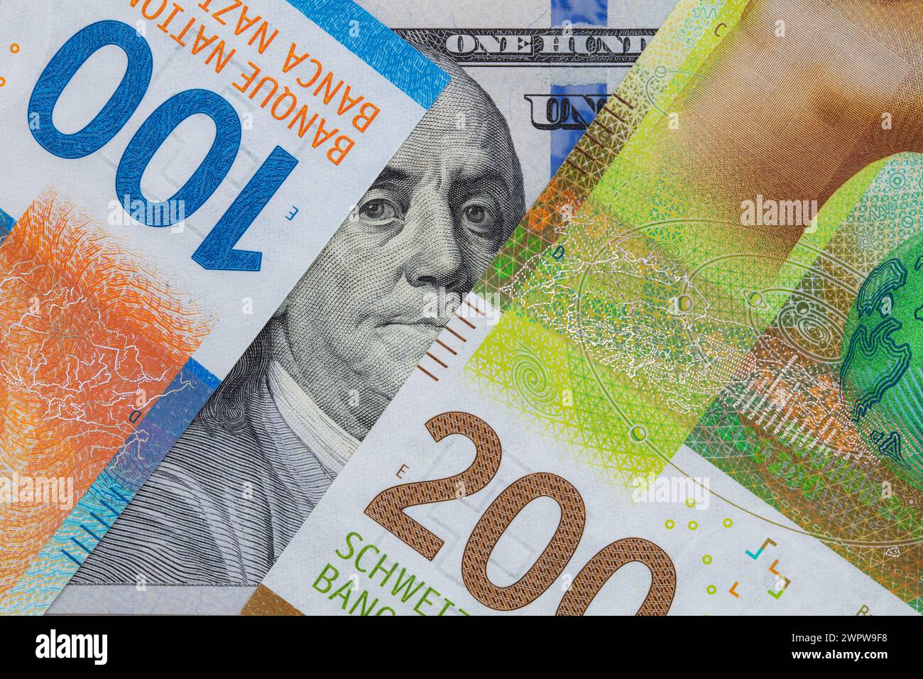 Closeup of 100 and 200 Swiss franc banknotes and 100 dollar banknote ...