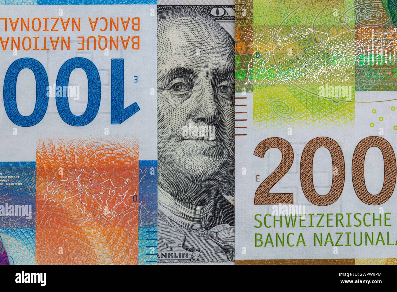 Closeup of 100 and 200 Swiss franc banknotes and 100 dollar banknote ...