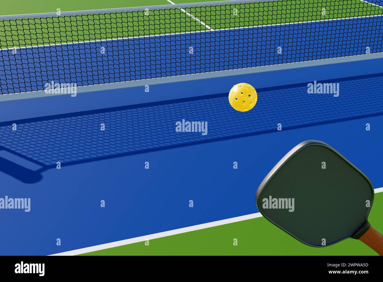 A pickleball racket is getting ready to hit the ball on the court. 3d ...