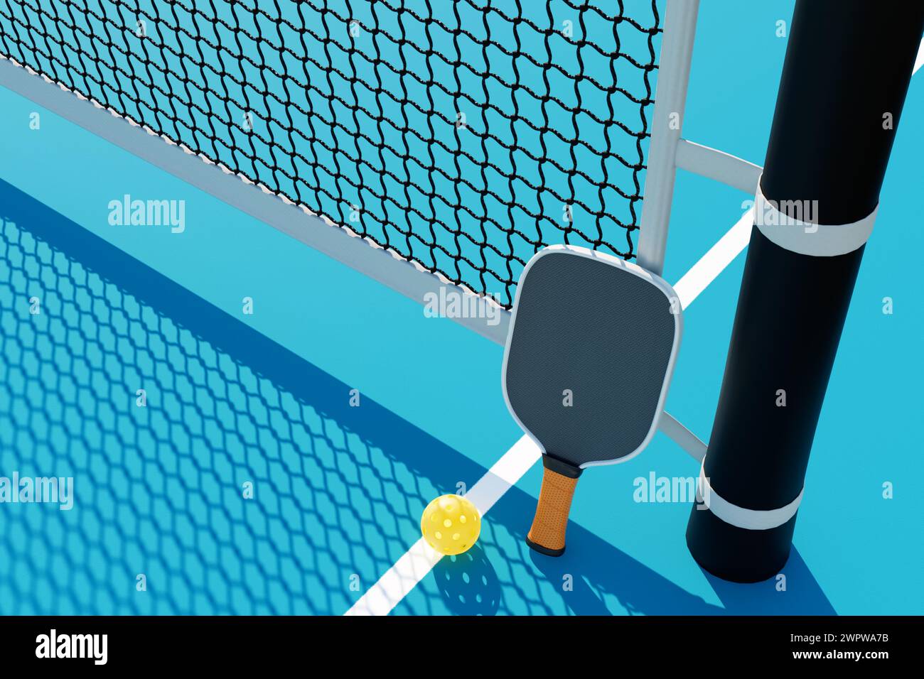 Pickleball racket and ball near the net on the court. 3d rendering ...