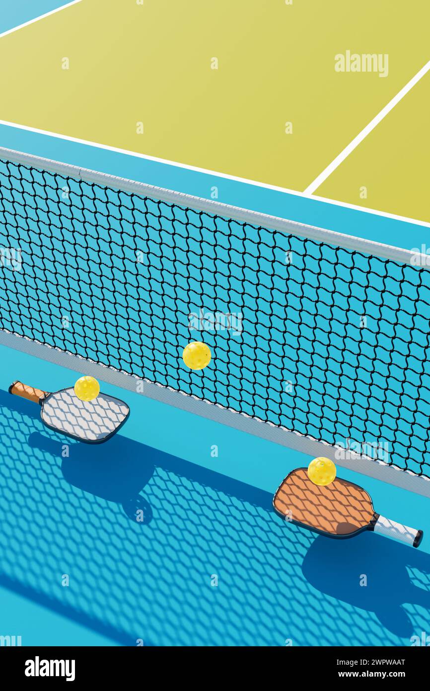 Two pickleball rackets hit balls against a net on the court. 3d ...