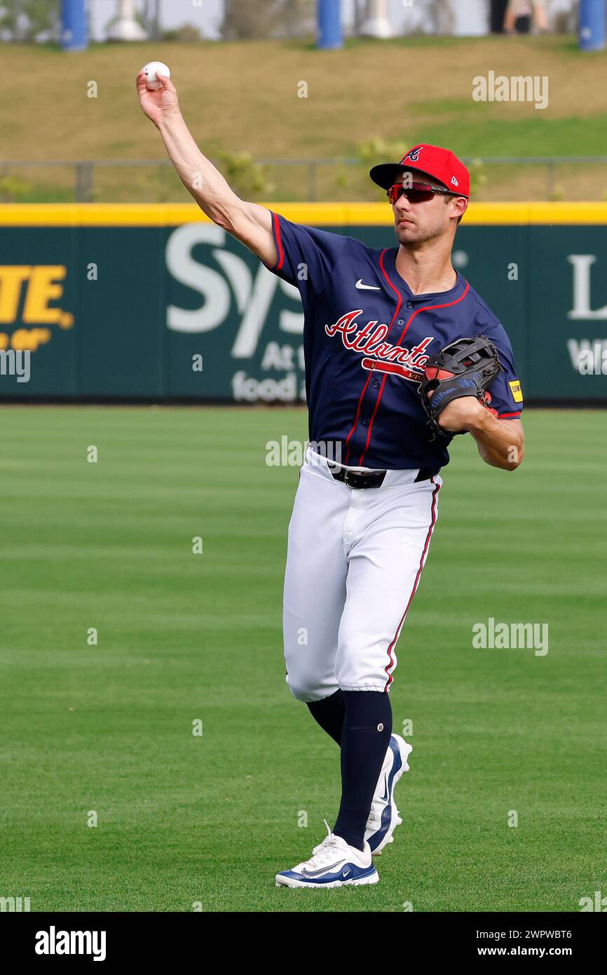 NORTH PORT, FL - MARCH 09: Braves outfielder Eli White warms up prior to the Saturday afternoon ...