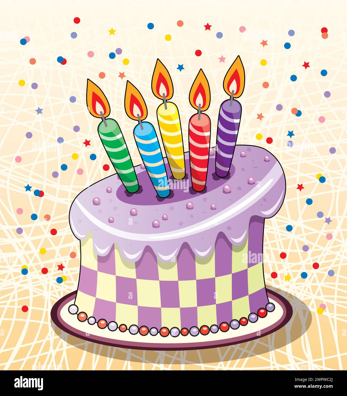 vector birthday cake with candles and confetti Stock Vector Image & Art ...