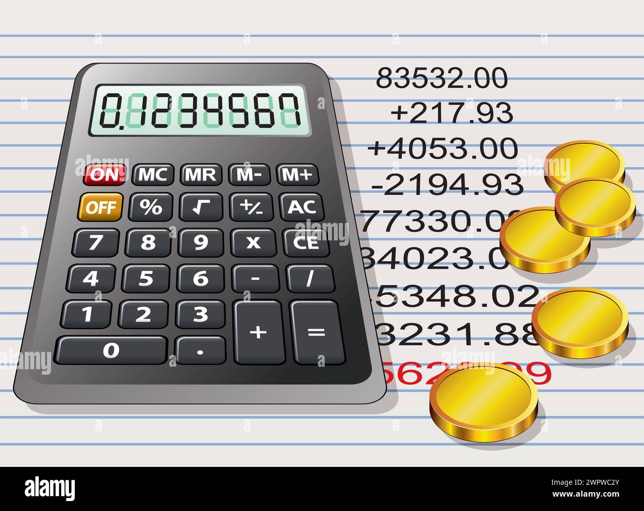vector calculator, golden coins and a sheet of paper with calculation ...