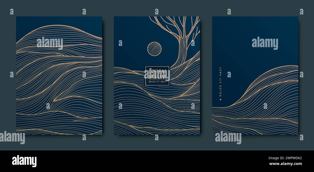Vector wave background, line hills and tree golden patterns, covers ...