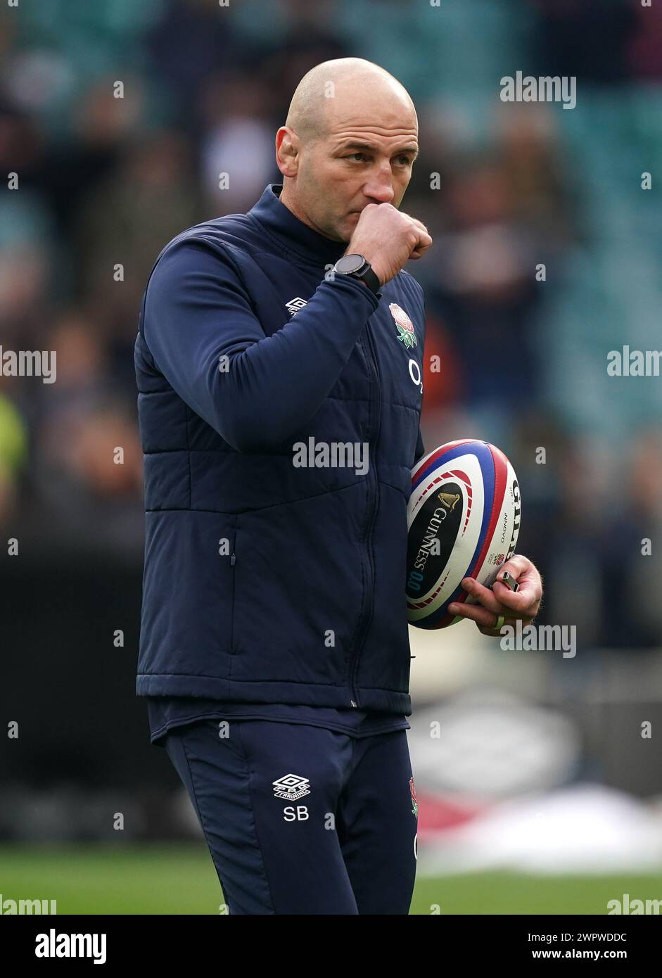 England head coach Steve Borthwick watches over the warm-up before the Guinness Six Nations ...