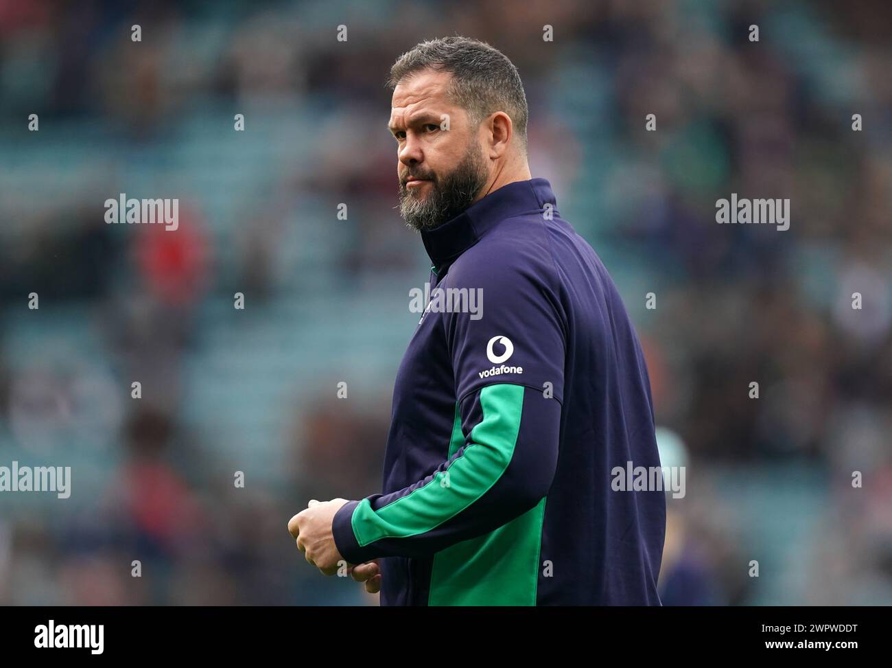 Ireland head coach Andy Farrell watches over the warm-up before the Guinness Six Nations match ...
