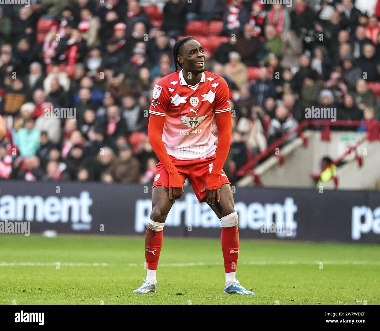 Barnsley, UK. 09th Mar, 2024. Devante Cole of Barnsley reacts after ...