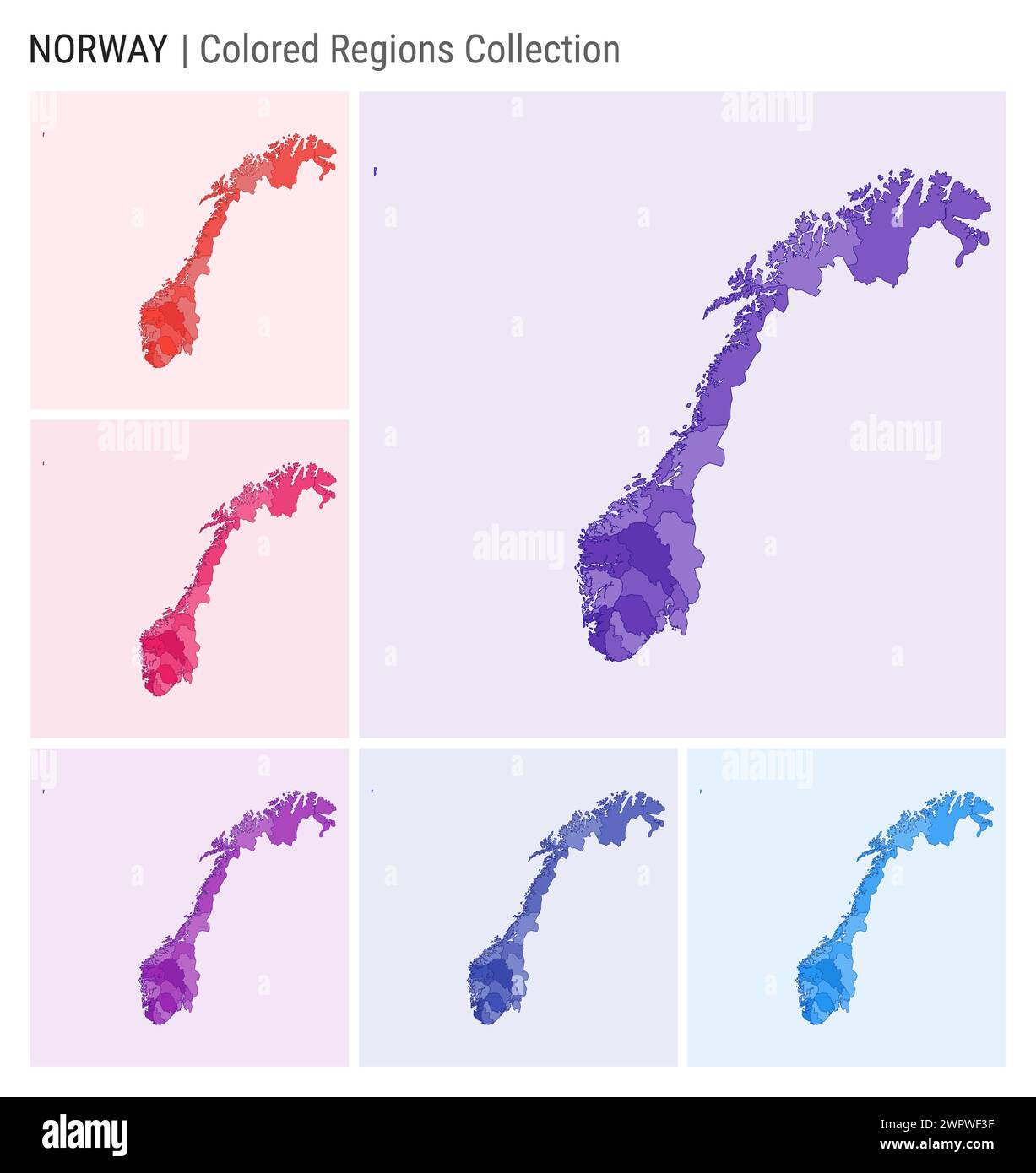 Norway map collection. Country shape with colored regions. Deep Purple ...