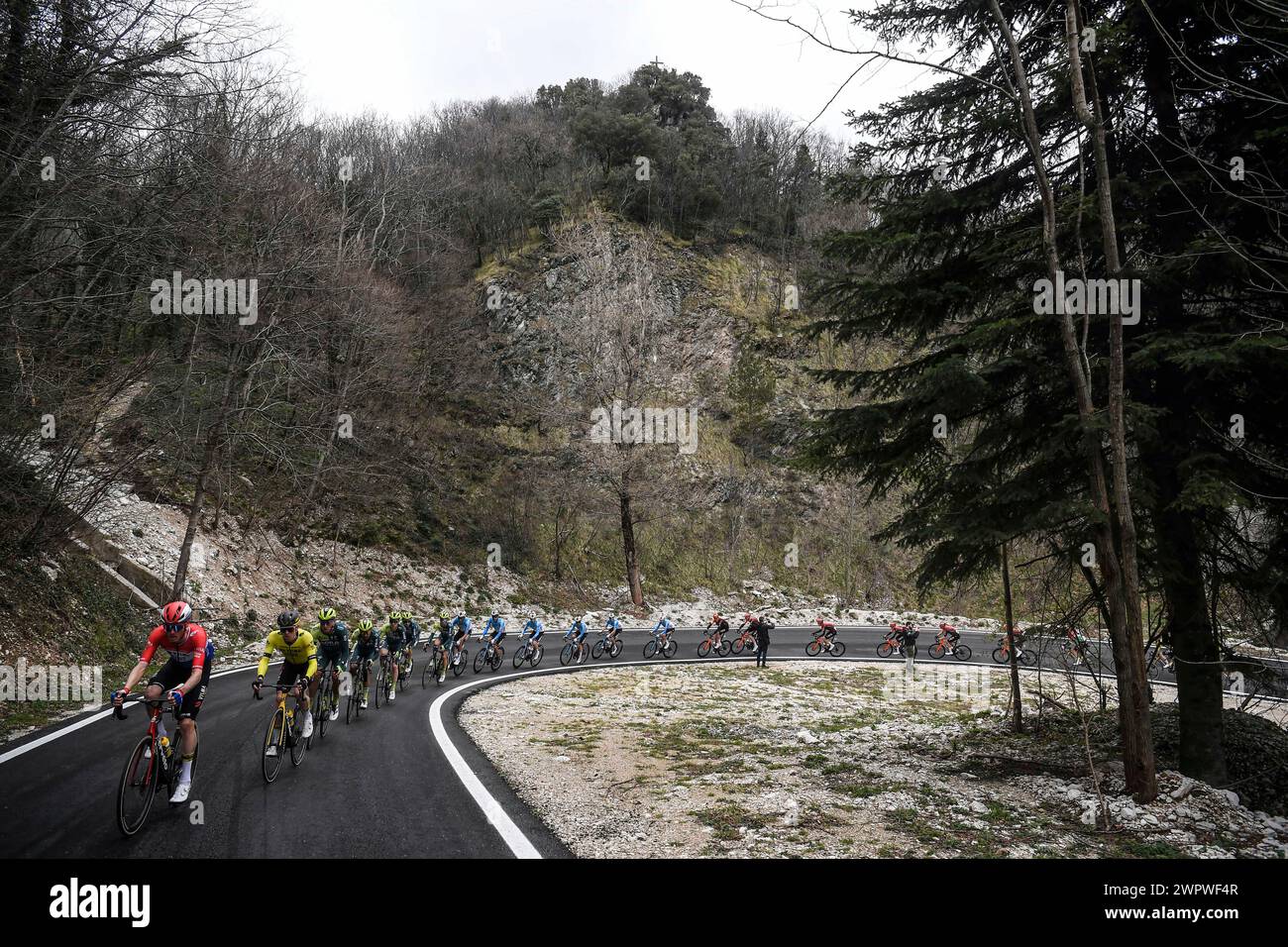 The pack rides during the 59th Tirreno-Adriatico 2024, Stage 6, 180km ...