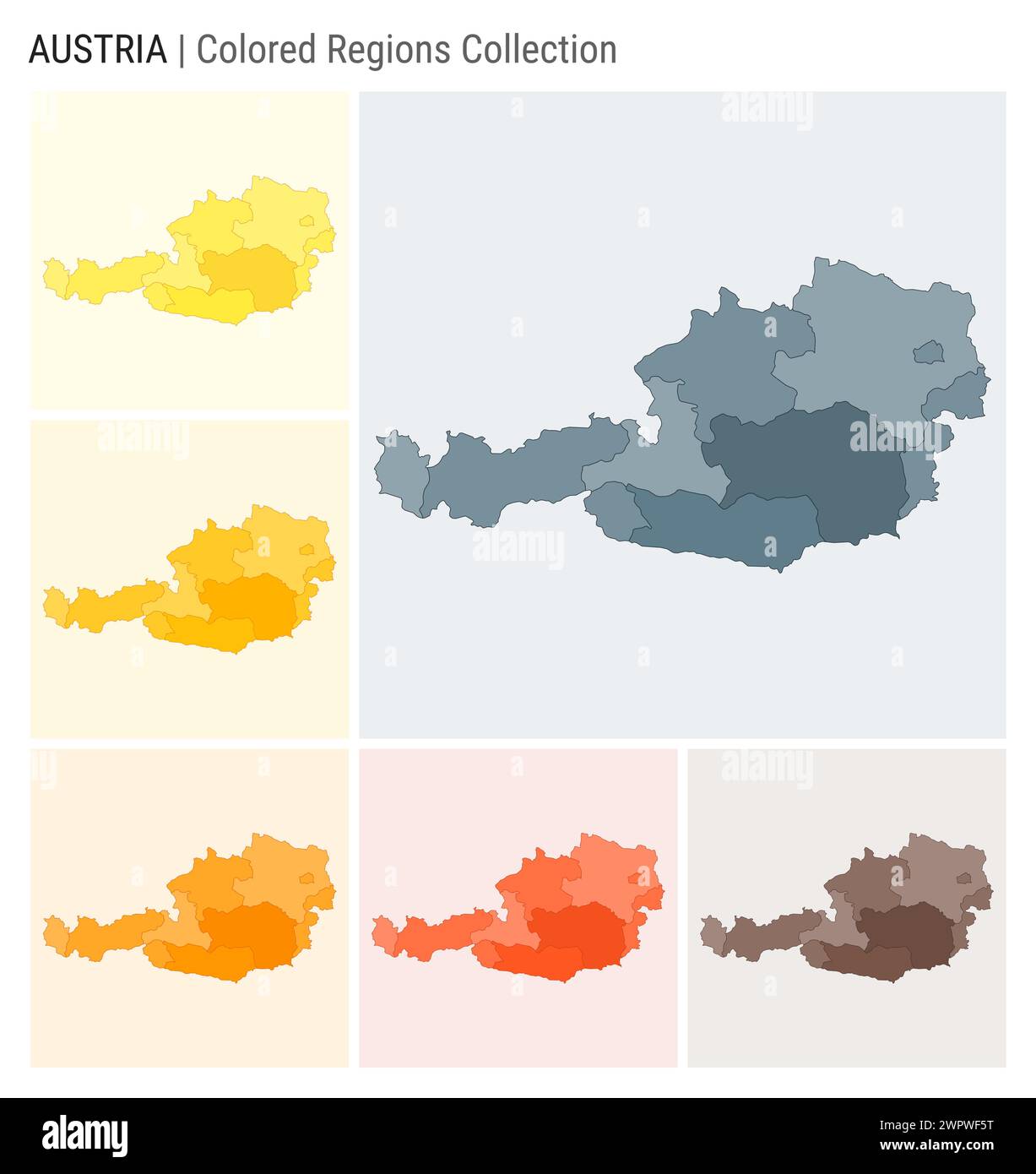Austria map collection. Country shape with colored regions. Blue Grey ...