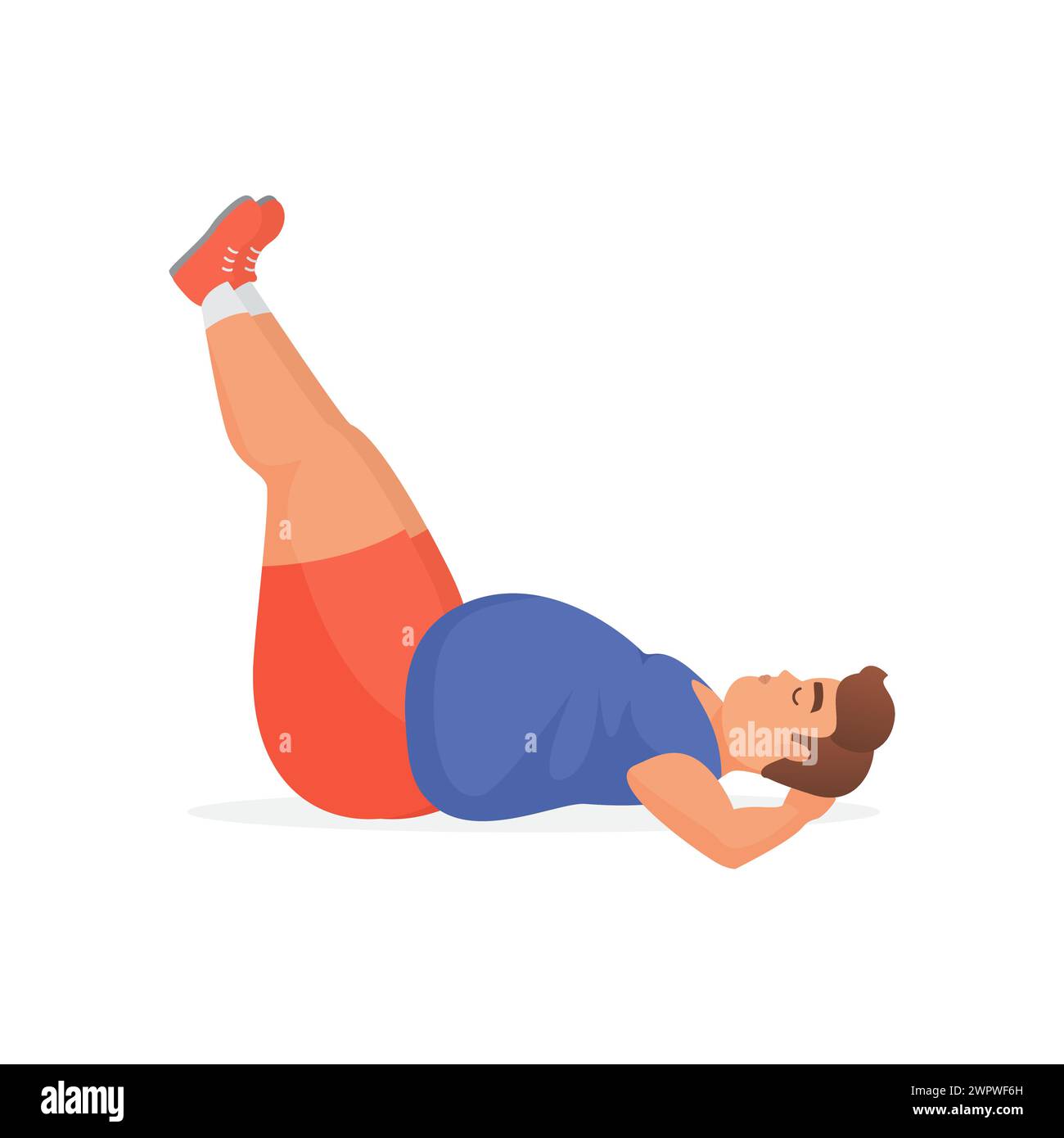 Young plus size man lying down and raising legs up, sport exercise of ...