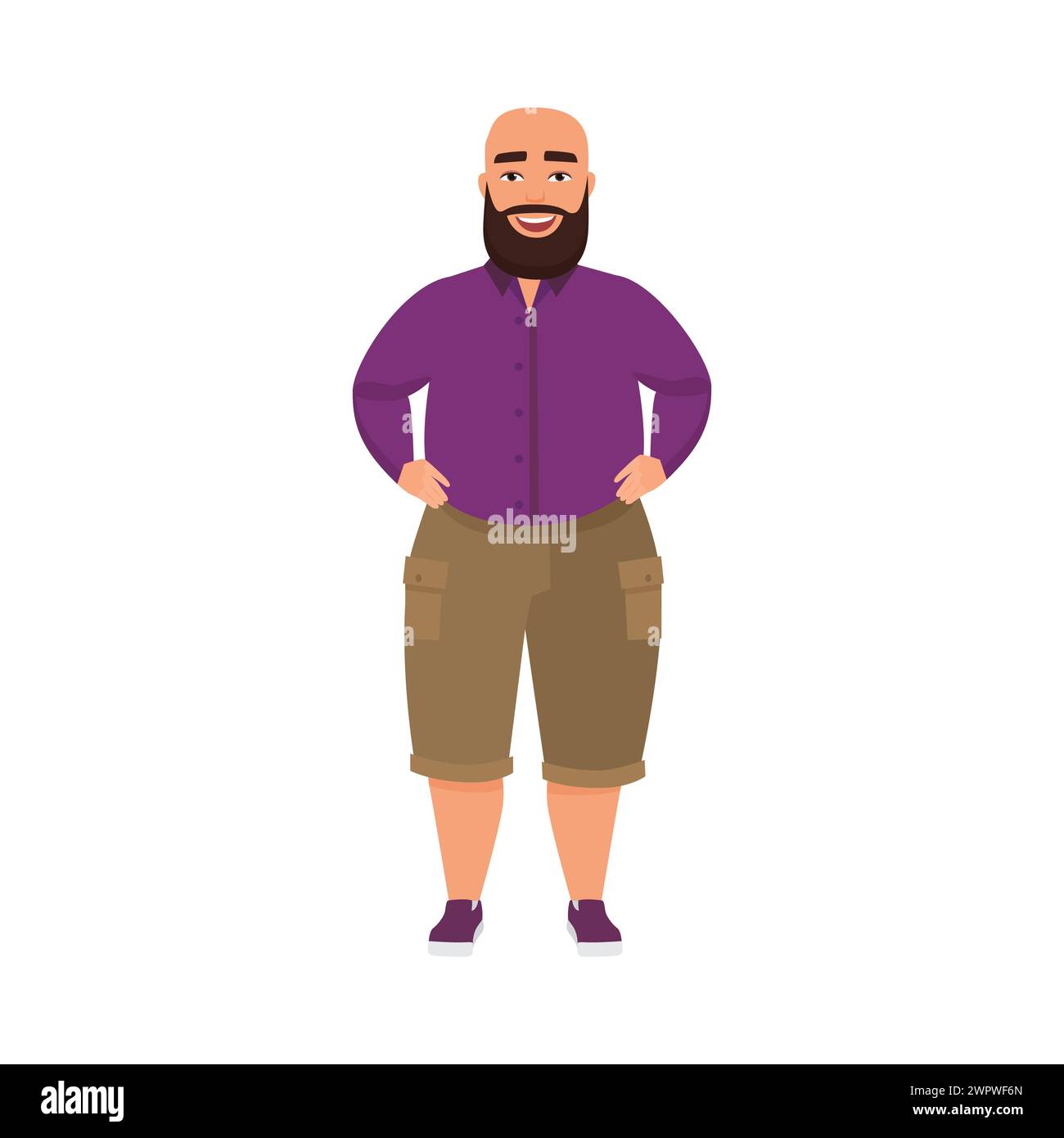 Fat bald happy man standing with arms akimbo, male character with big ...